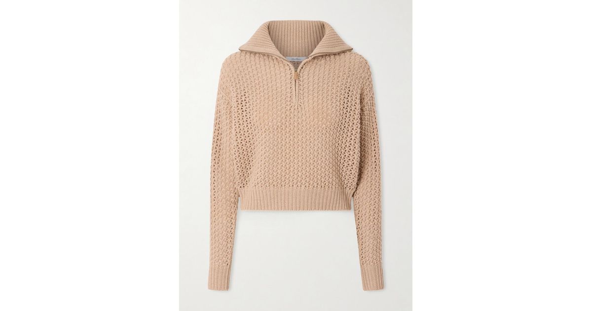 Max Mara Open-Knit Metallic Wool-Blend Half-Zip Sweater in Natural ...