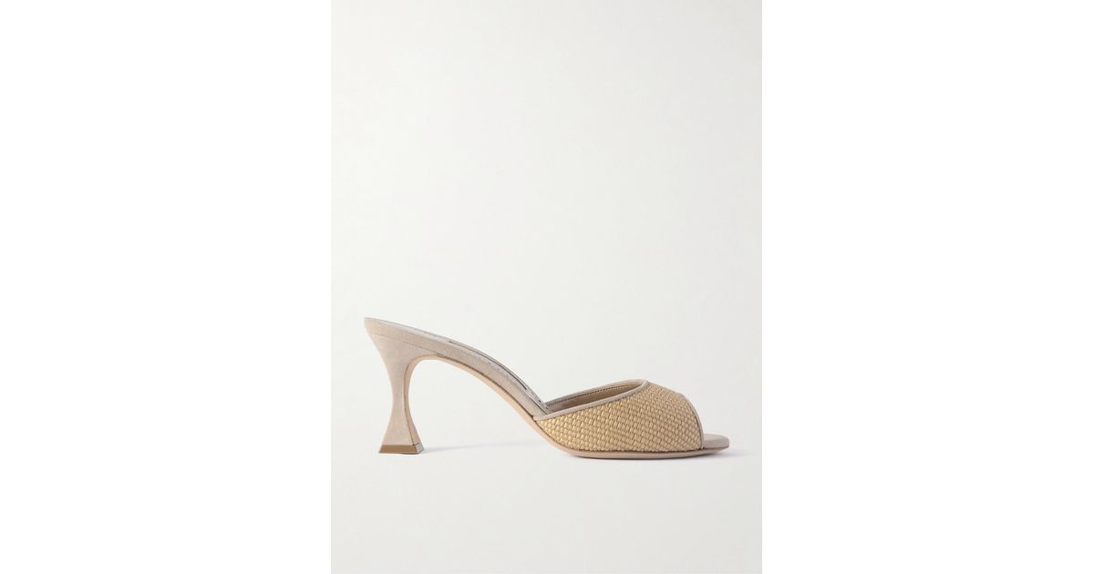 Manolo Blahnik Jadara 70 Suede-Trimmed Raffia Mules in Natural | Lyst