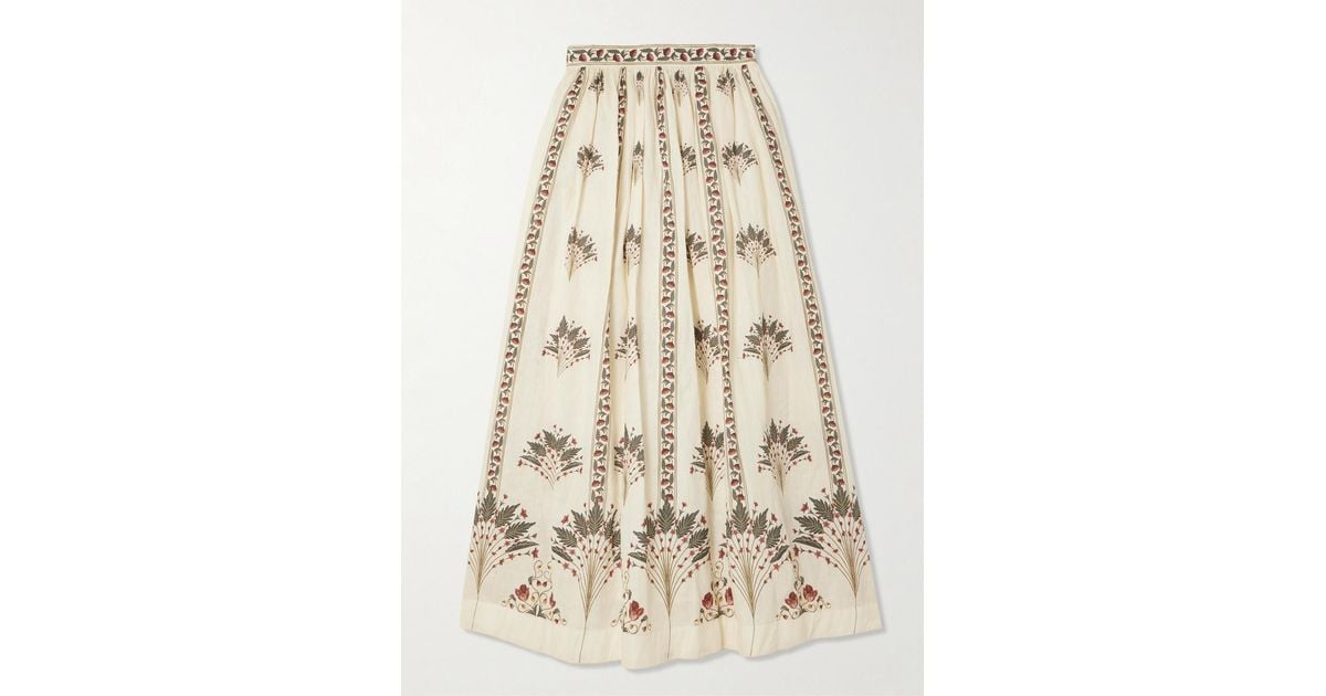 Agua Bendita Ocaso Tangelo Andes Pleated Floral-Print Linen Maxi Skirt ...