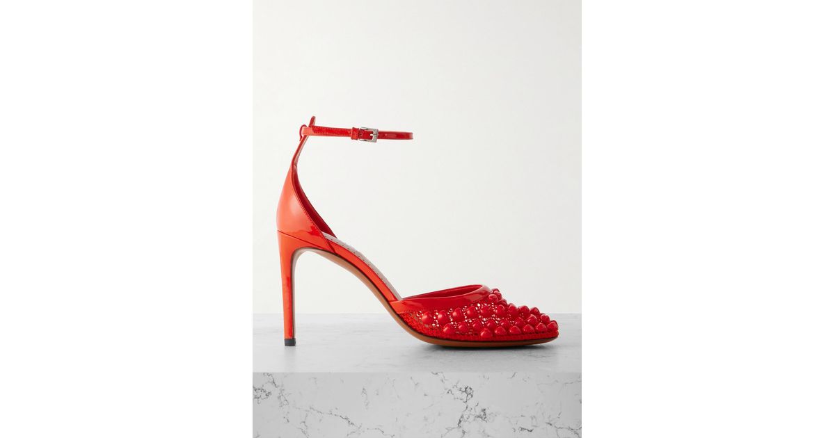 Alaïa 90 Embellished Fishnet And Patent-Leather Pumps in Red | Lyst