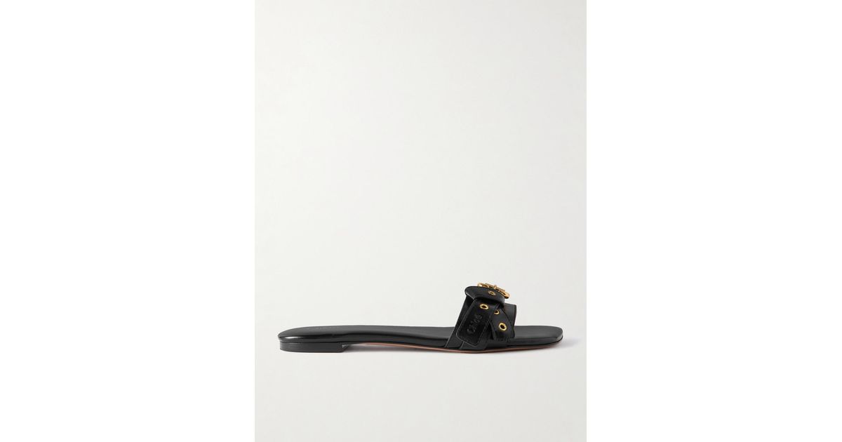 Chloé Mae Buckle-Embellished Glossed-Leather Slides in Black | Lyst