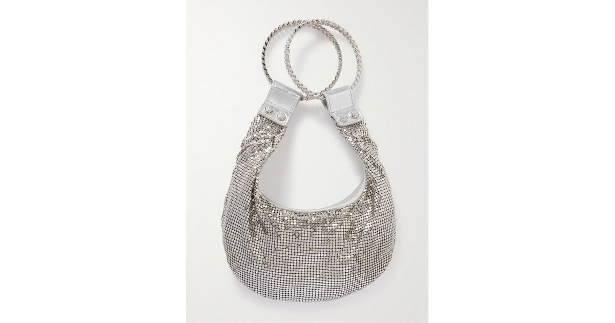 Versace Metallic Leather-Trimmed Chainmail Shoulder Bag in Gray | Lyst