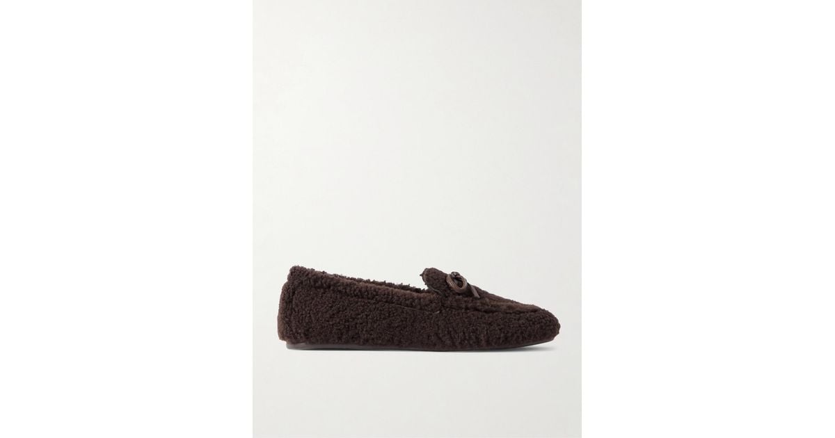 Stuart Weitzman Britt Bow Leather-Trimmed Shearling Loafers in Brown ...