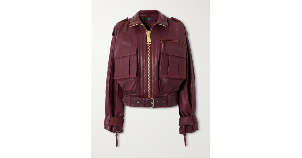 Balmain Belted Leather Bomber Jacket in Red | Lyst UK