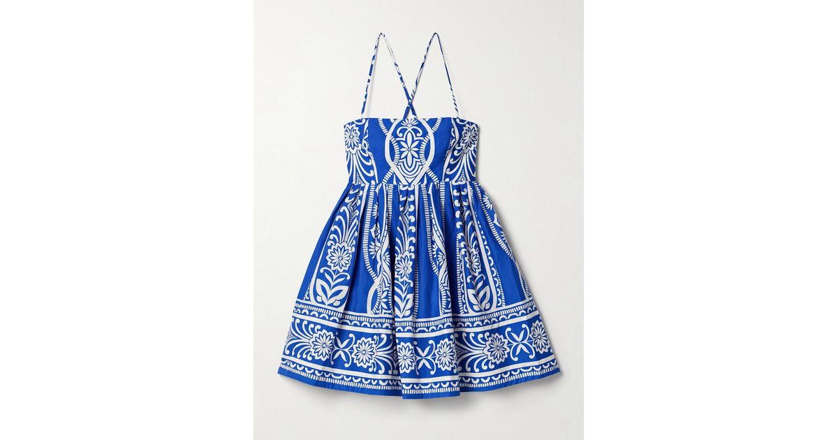 Cara Cara Leo Pleated Printed Cotton-Poplin Mini Dress in Blue | Lyst