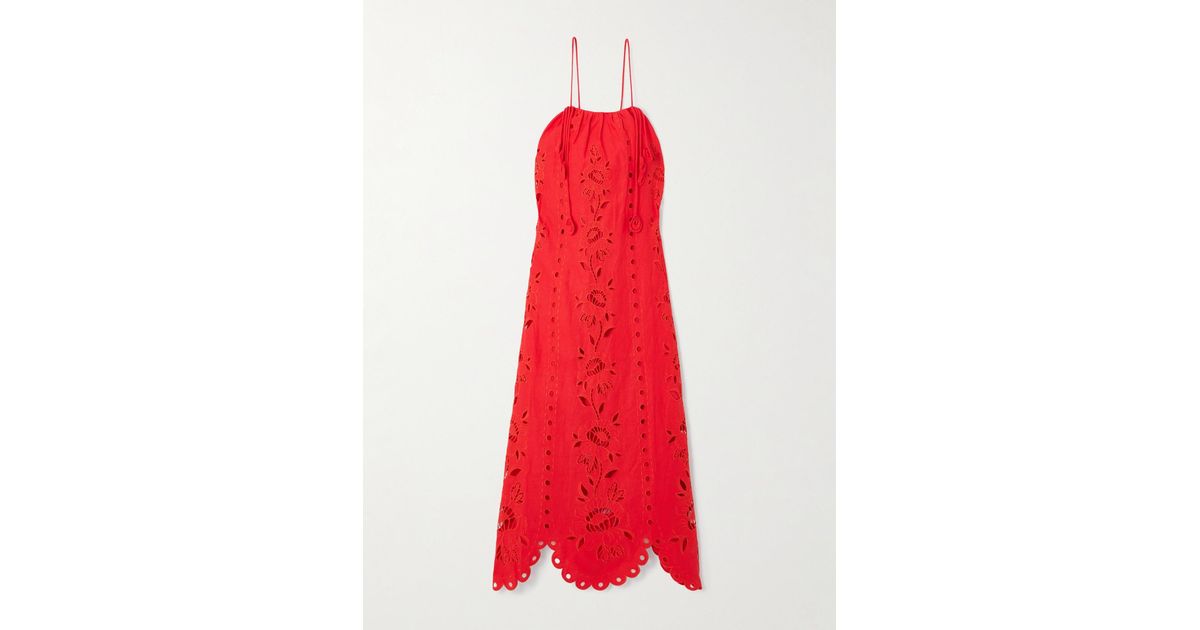 FARM Rio Embellished Broderie Anglaise Linen-Blend Midi Dress in Red | Lyst