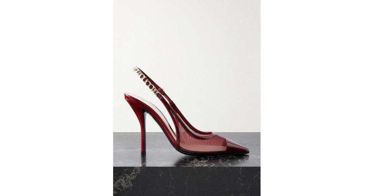 Gucci Signoria Embellished Patent Leather-Trimmed Mesh Slingback Pumps ...