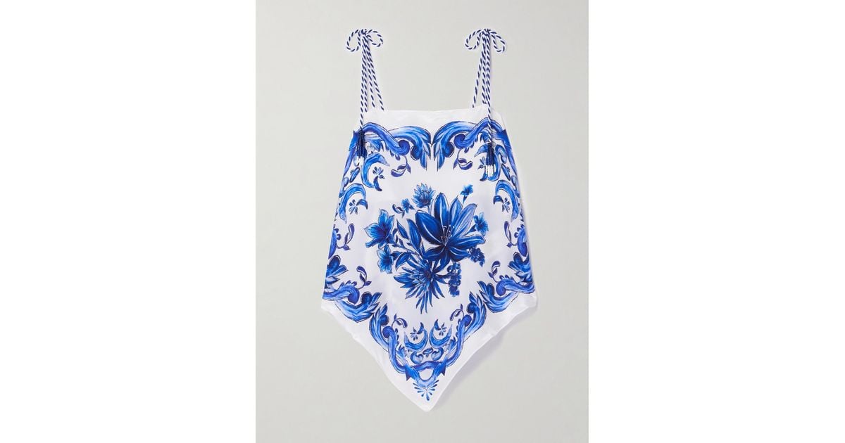 FARM Rio Garden Tiles Bead-Embellished Printed Satin Tank in Blue | Lyst