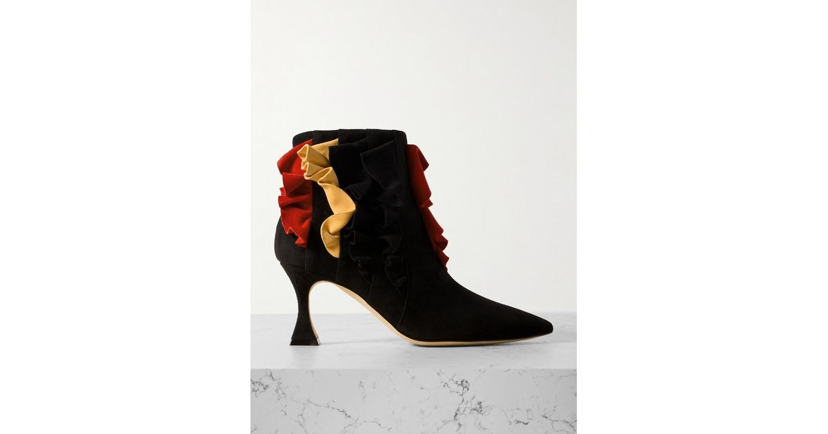 Manolo Blahnik Pompa 70 Ruffled Suede Pointed-Toe Ankle Boots in Black ...