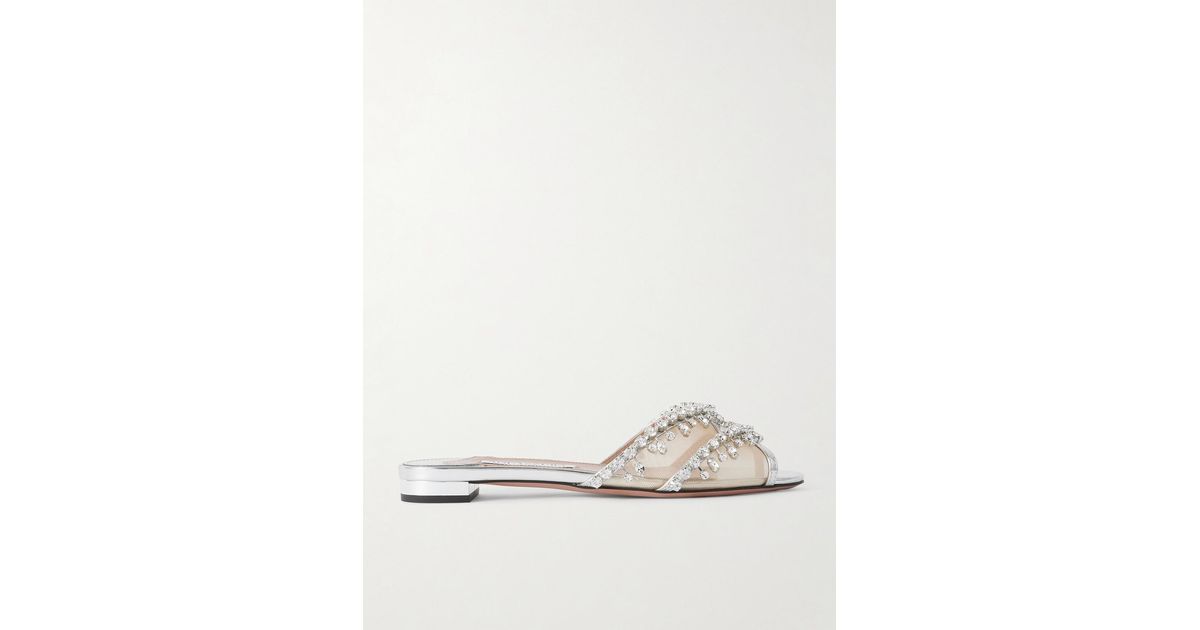 Aquazzura Temptation Crystal-Embellished Mesh-Trimmed Metallic Leather ...