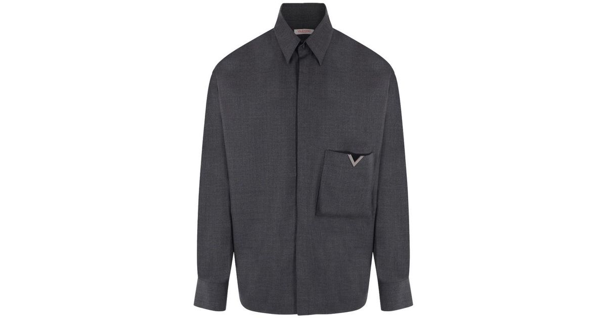 Valentino Wool Shirt With V Detail in Blue for Men | Lyst
