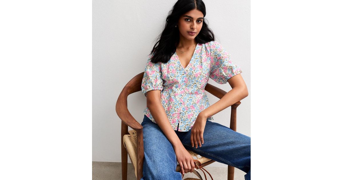 New Look Floral Print Creased Texture Tea Blouse in Blue | Lyst UK