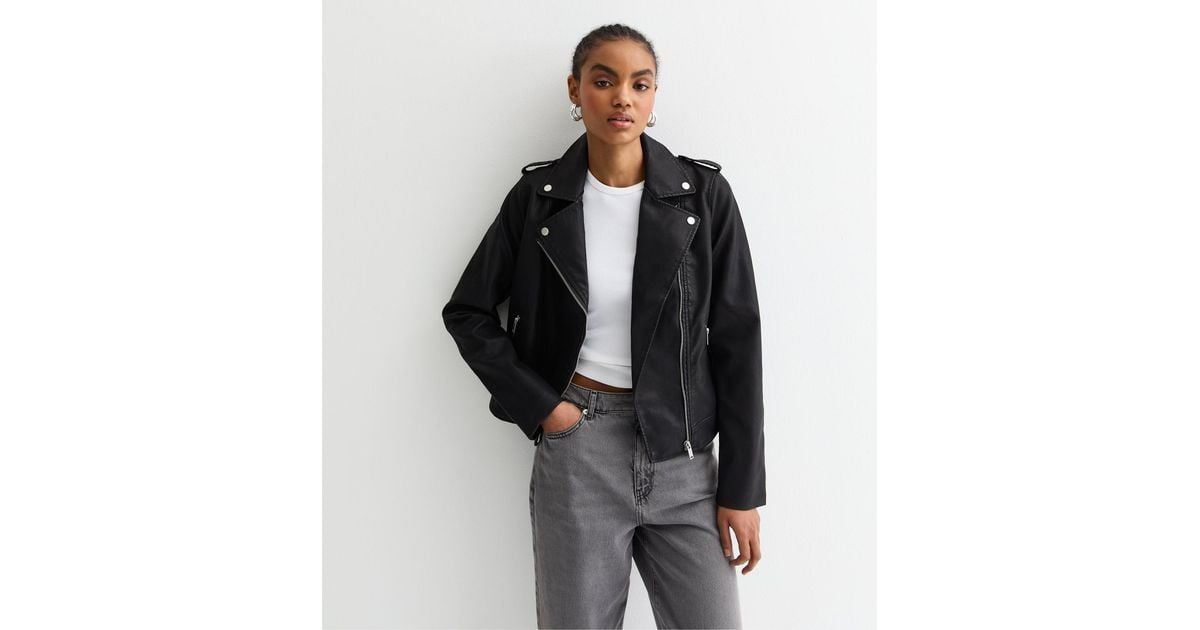 New Look Tall Leather-Look Biker Jacket in Black | Lyst UK
