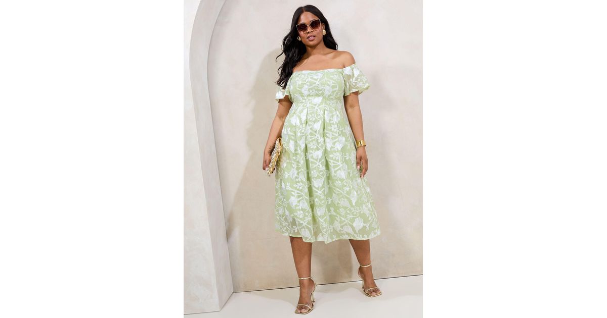 Lipsy Curve Premium Floral Embroidered Bardot Midi Prom Dress in Green ...