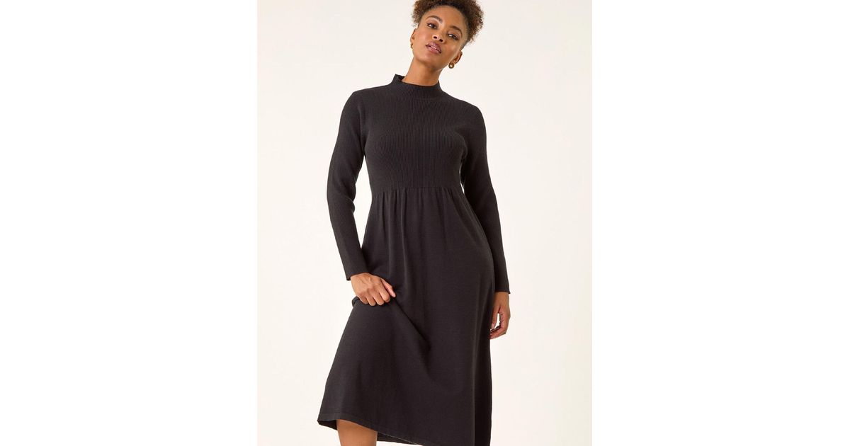 Roman Ribbed Knit High Neck Midi Dress in Black | Lyst