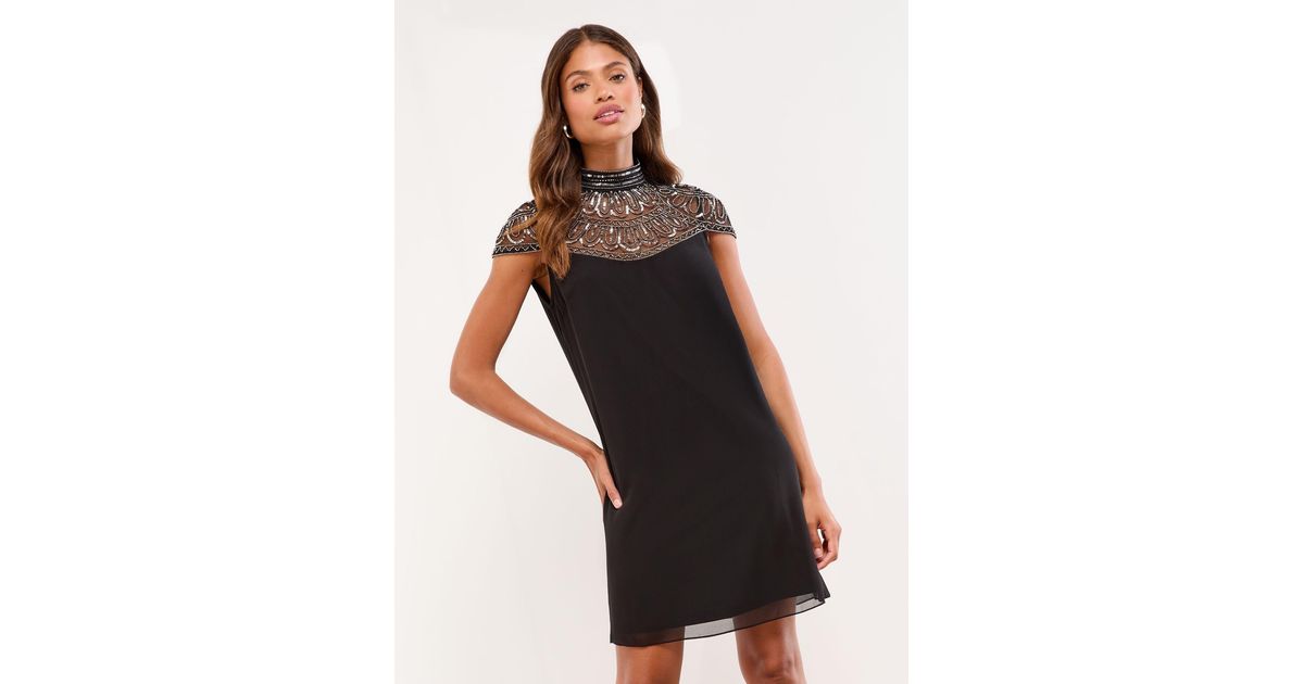 Lipsy Mini Mesh Embellished Beaded Neck Shift Dress in Black | Lyst