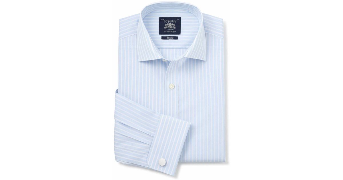 Savile Row Company Slim Fit Striped Cotton Double Cuff Formal Shirt in ...