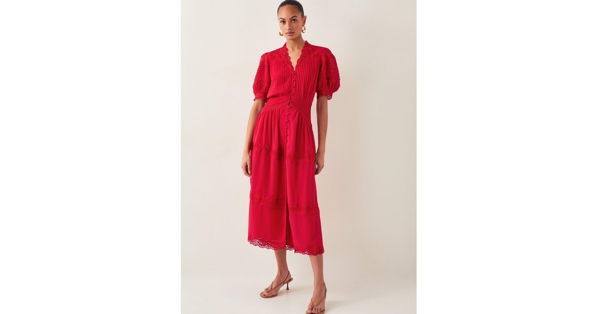 Monsoon Kiana Pintuck Puff-Sleeve Midi Dress in Red | Lyst