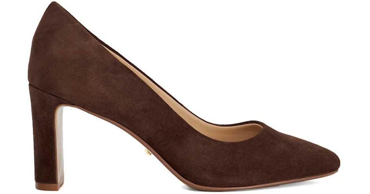 Dune Wide Fit Arriving Comfort Mid Block Heel Suede Shoes in Brown | Lyst