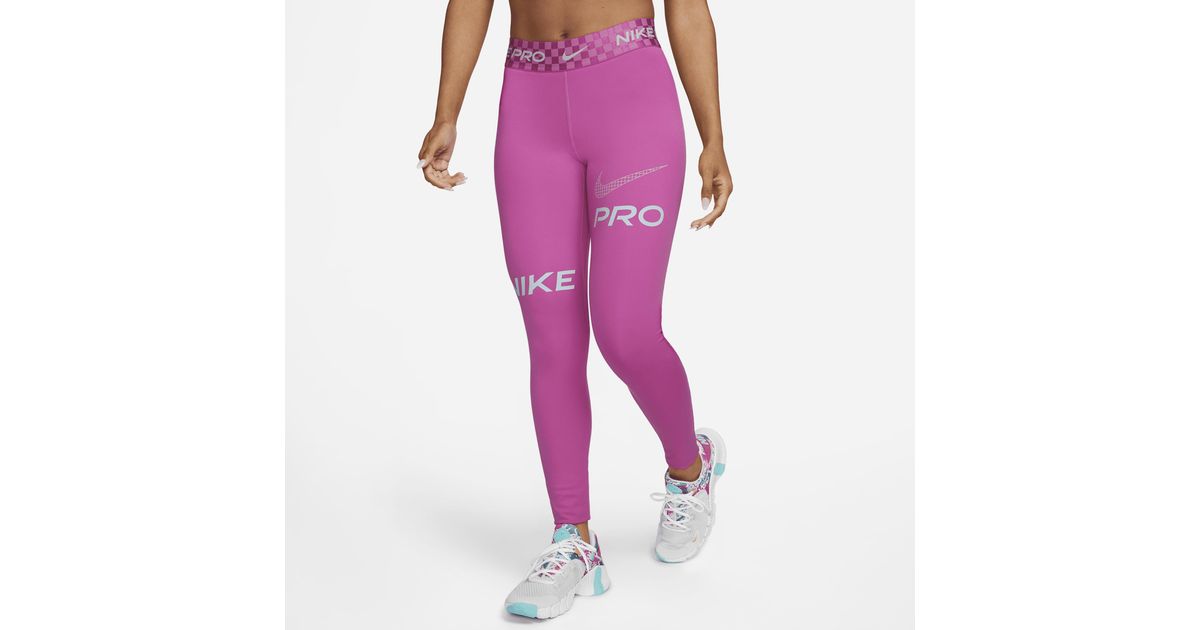 Nike Pro Mid-rise Full-length Graphic Training Leggings In Pink, | Lyst
