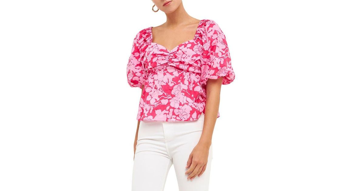 Free the Roses Floral Bow Back Puff Sleeve Blouse in Pink | Lyst