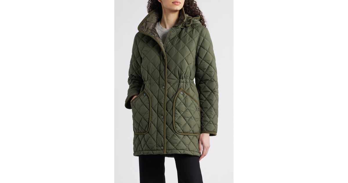 Bernardo Diamond Quilted Hooded Puffer Coat in Green | Lyst