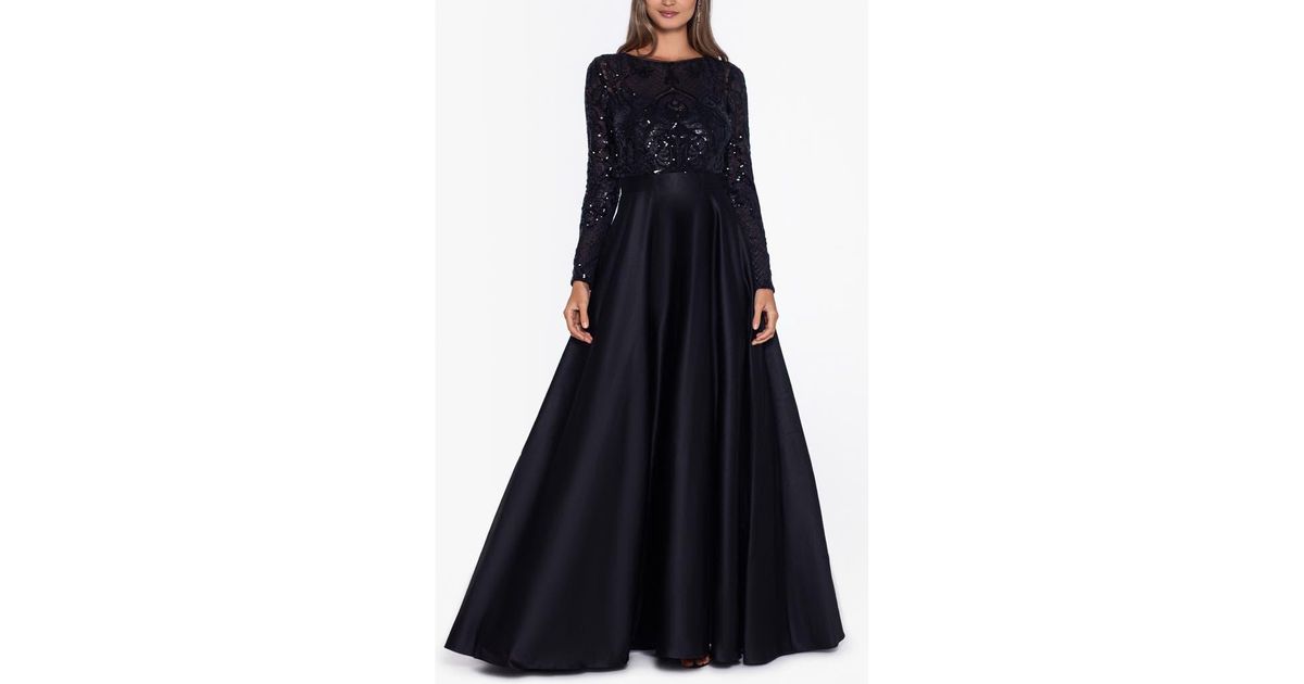 Betsy & Adam Sequin Long Sleeve Ballgown in Blue | Lyst