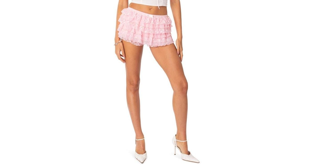 Edikted Unicorn Lace Ruffle Shorts in Pink | Lyst