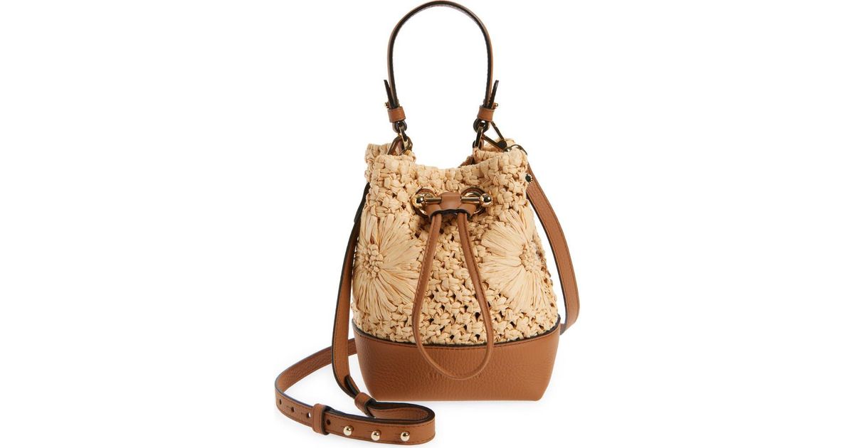 Strathberry Osette Floral Raffia & Leather Bucket Bag in Brown | Lyst