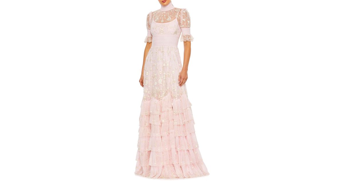 Mac Duggal Floral Embroidered Tiered Ruffle Gown In Pink Lyst