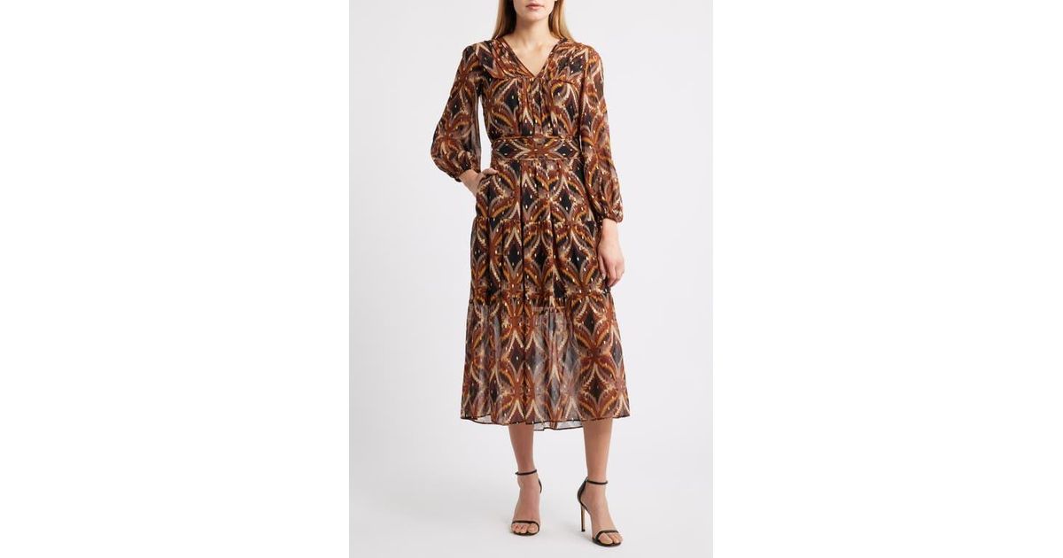Julia Jordan Metallic Fleck Abstract Print Long Sleeve Chiffon Dress in ...
