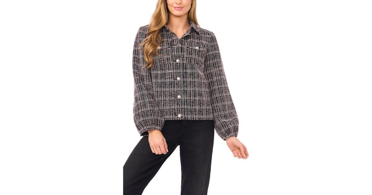 Cece Balloon Sleeve Tweed Jacket in Gray | Lyst