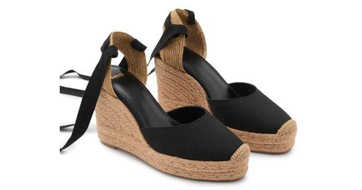 Mango Ankle Wrap Platform Wedge Espadrille in Black | Lyst