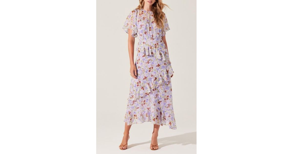 Astr Floramae Floral Ruffle Detail Short Sleeve Midi Dress in Pink | Lyst