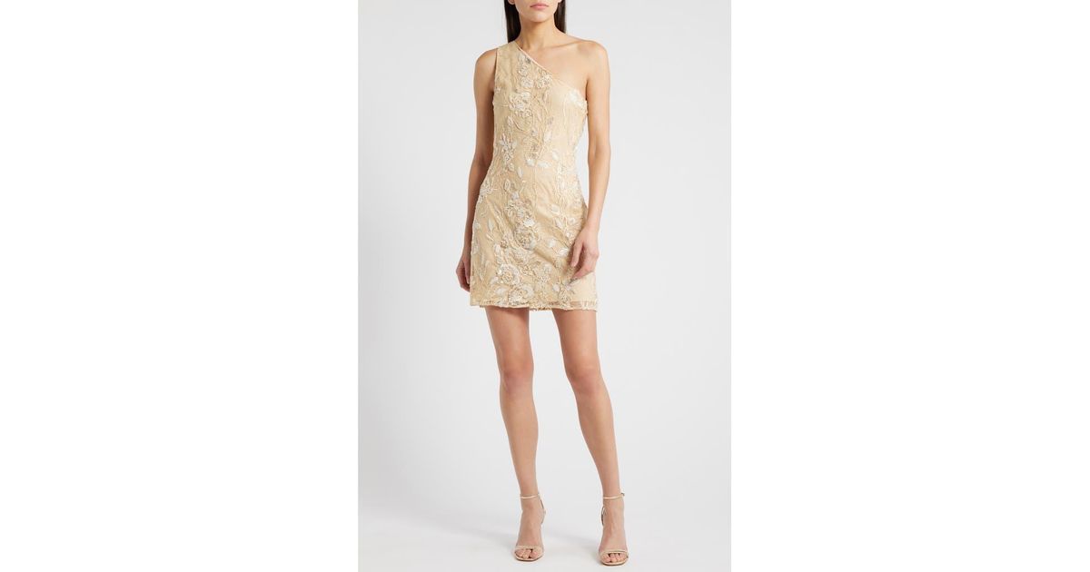 Sonya Moda Maysa Lace Beaded One-Shoulder Minidress in Natural | Lyst