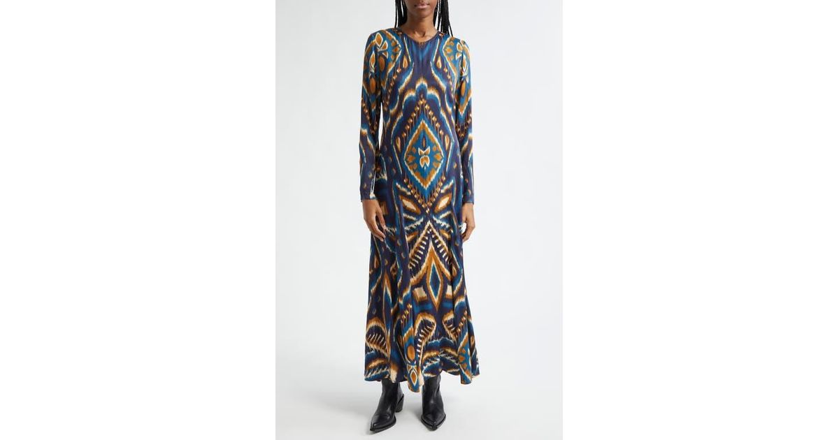 FARM Rio Ikat Print Long Sleeve Satin Maxi Dress | Lyst