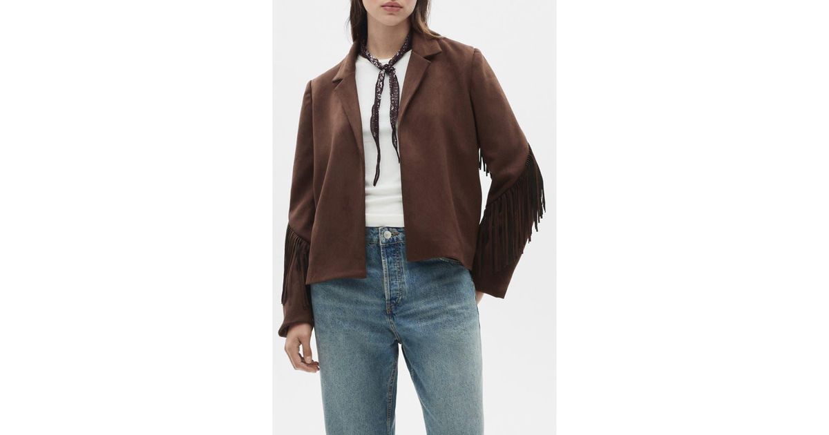 Mango Fringe Trim Faux Suede Jacket in Brown | Lyst