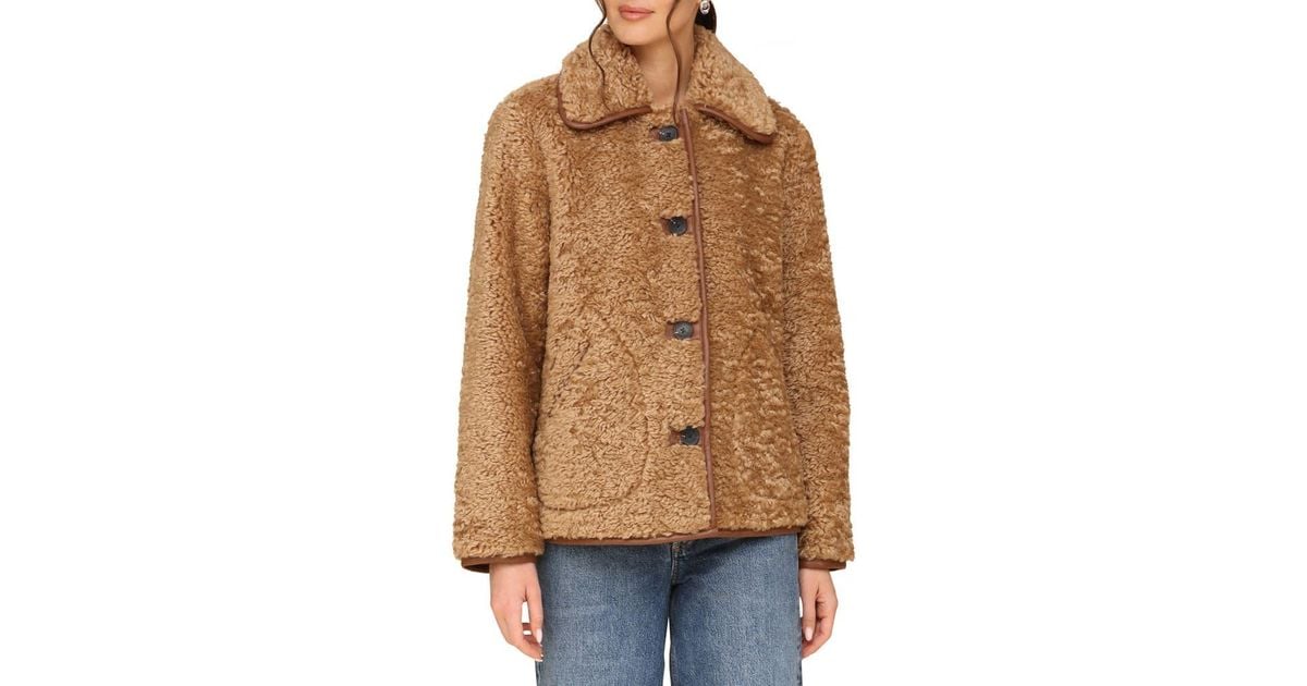 Avec Les Filles Faux Shearling Teddy Coat With Faux-Ever Leather Trim in Brown | Lyst