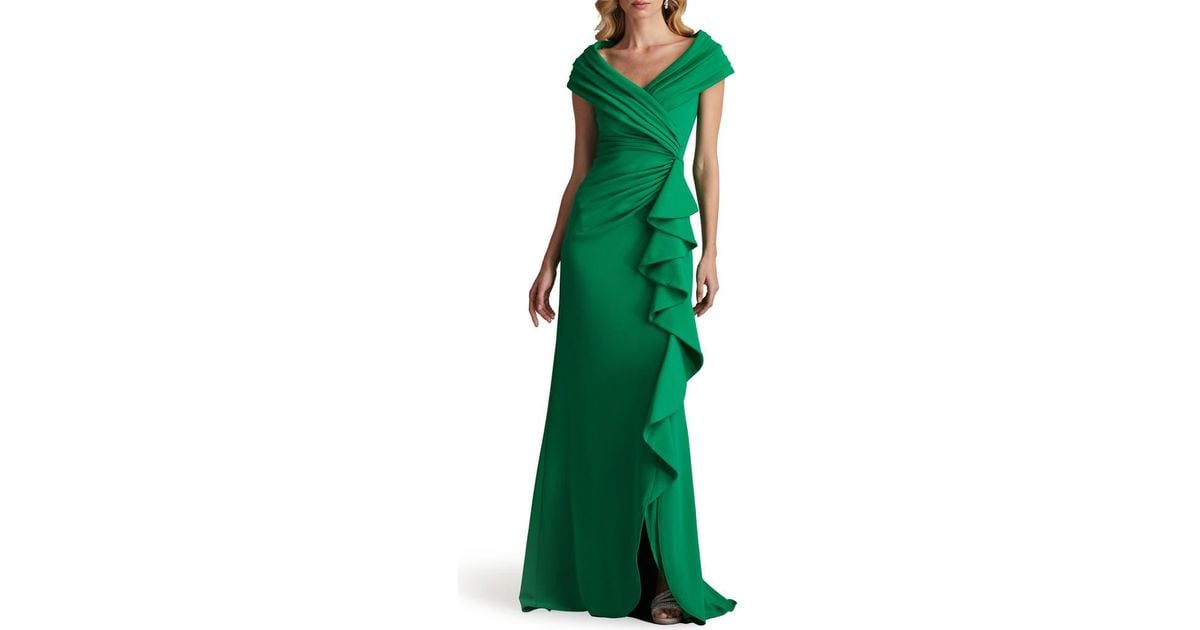 Tadashi Shoji Cascade Ruffle Portrait Neck Gown in Green | Lyst
