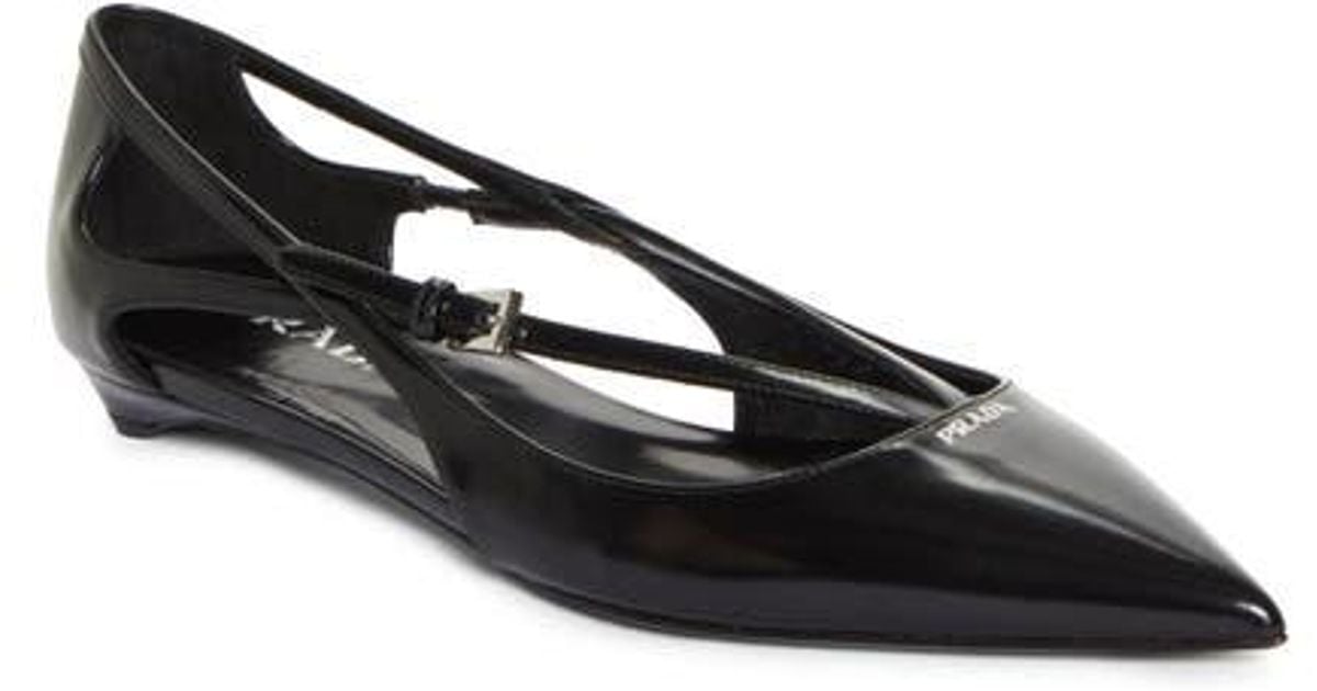 Prada Strappy Pointed Toe Ballet Flat in Black | Lyst