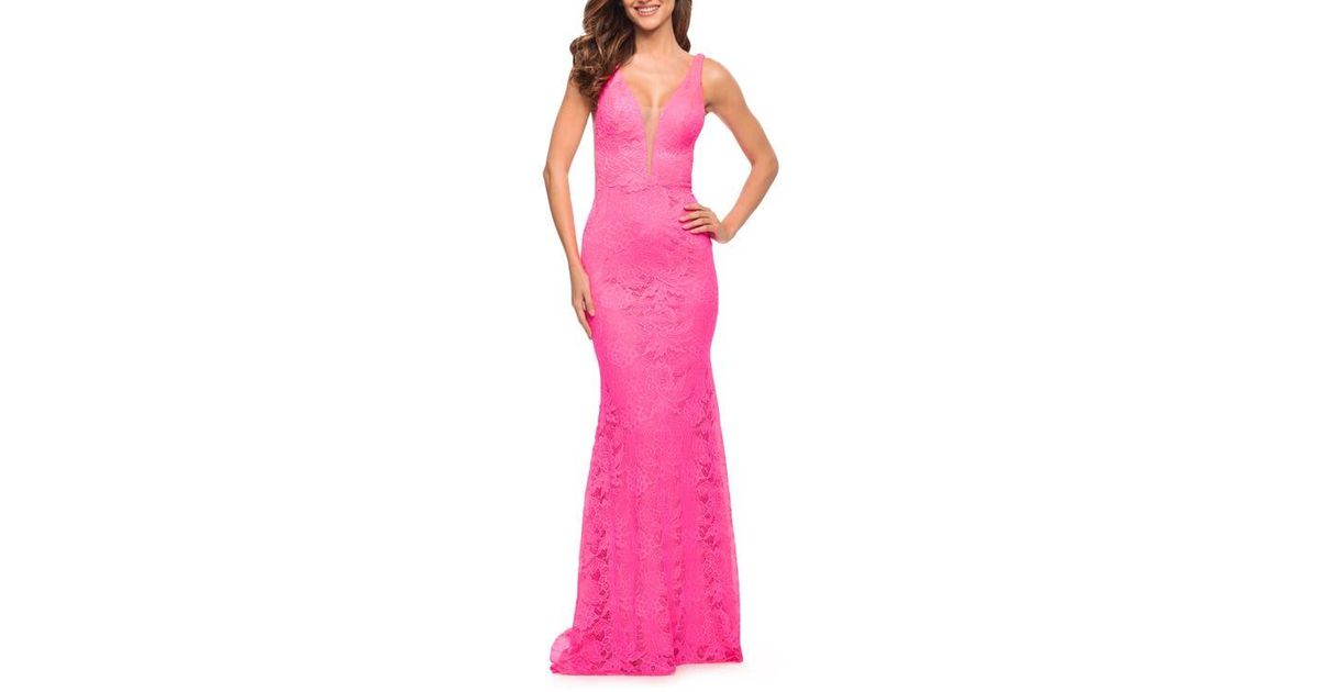 La Femme Chic Stretch Lace Gown With Deep V Neckline in Pink | Lyst