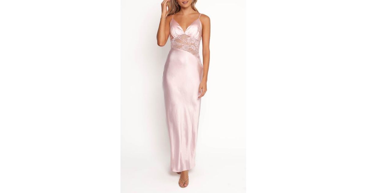 Petal & Pup Milla Sheer Lace Inset Satin Maxi Dress in Pink | Lyst