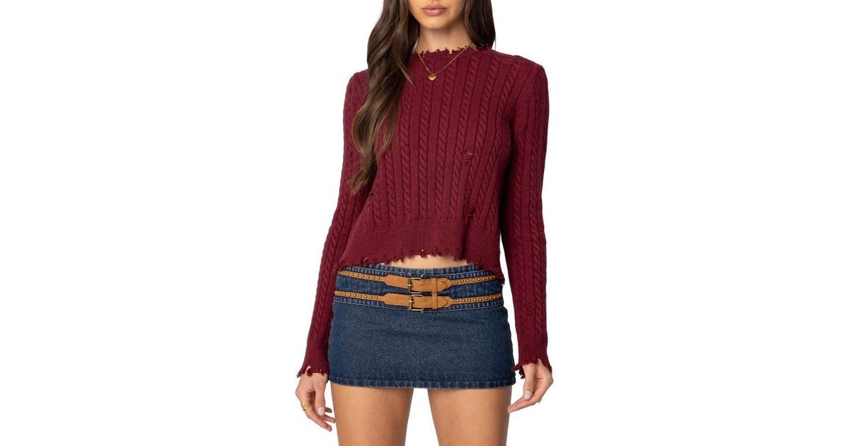 Edikted Split Back Cable Stitch Crewneck Sweater in Red | Lyst