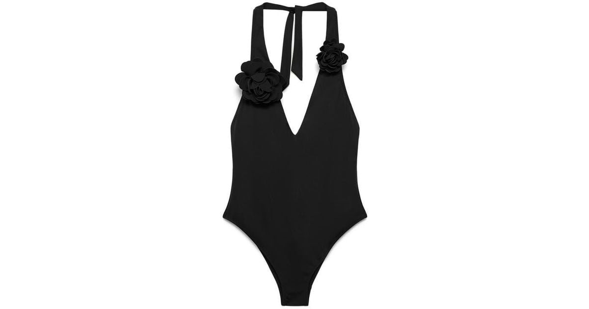 Mango Flower Detail Halter One-Piece Swimsuit in Black | Lyst