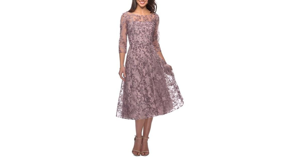 La Femme Tea Length Embroidered Dress With Sheer Sleeves in Purple | Lyst