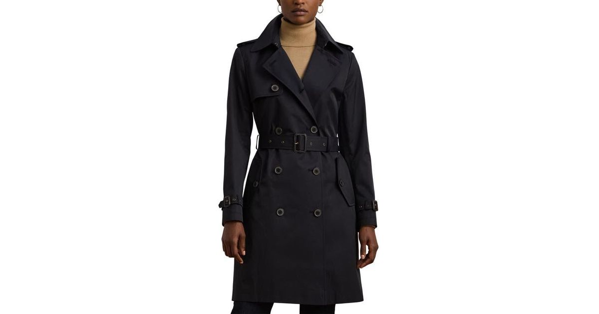 Ralph Lauren Belted Water Resistant Double Breasted Trench Coat in Black | Lyst