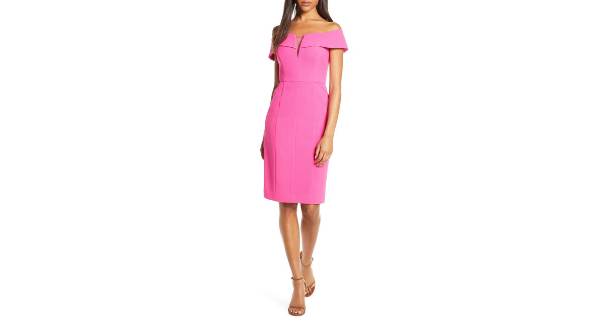 Vince Camuto Off The Shoulder Crepe Sheath Dress In Hot Pink Pink Lyst