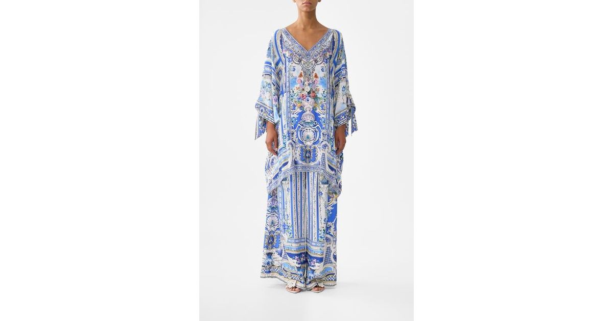 CAMILLA Tie Sleeve Short V Neck Kaftan in Blue | Lyst