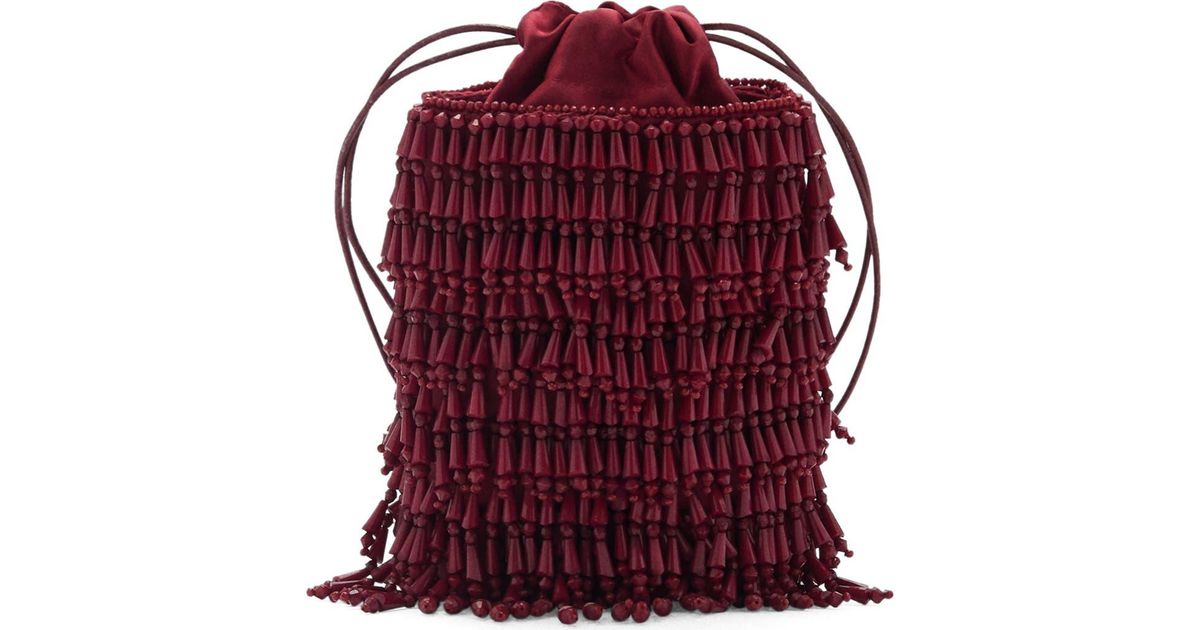 Mango Beaded Drawstring Bucket Bag in Red | Lyst