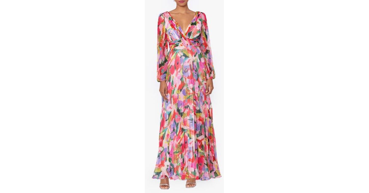Betsy & Adam Floral Long Sleeve A-Line Gown in Red | Lyst